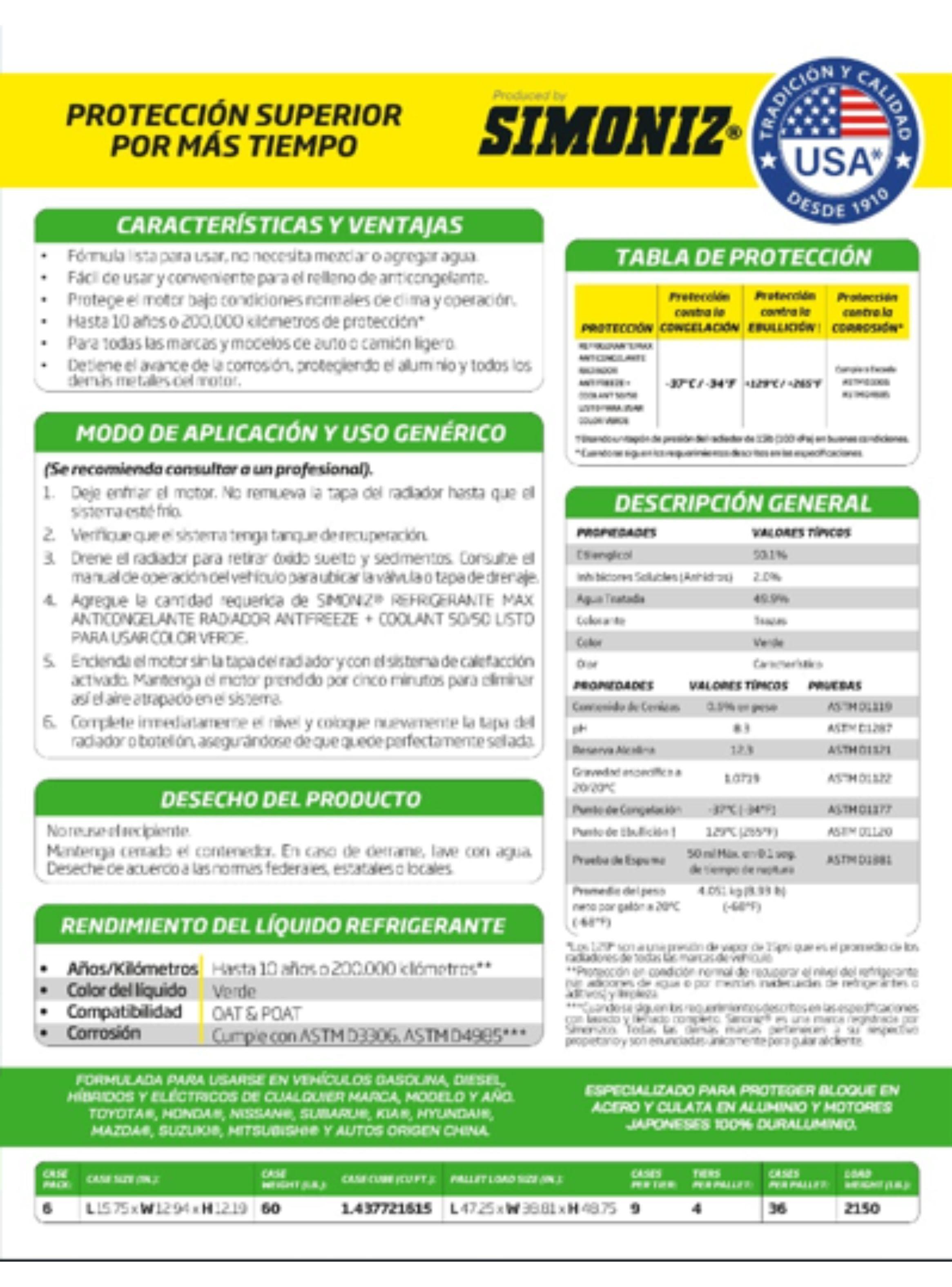 Refrigerante Anticongelante para Radiador 50% Verde Simoniz | Paris.cl